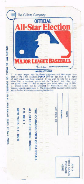 1975 All Star Game Ballot(Unpunched)(16 Hall Of Famers)