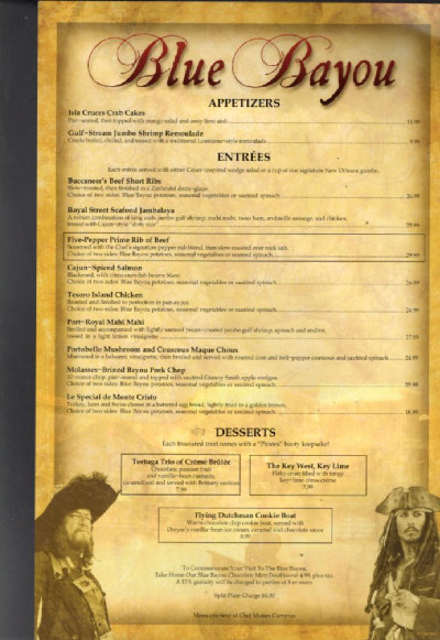 DISNEYLAND PIRATES OF THE CARIBBEAN BLUE BAYOU MENU AT WORLD END PREMIER